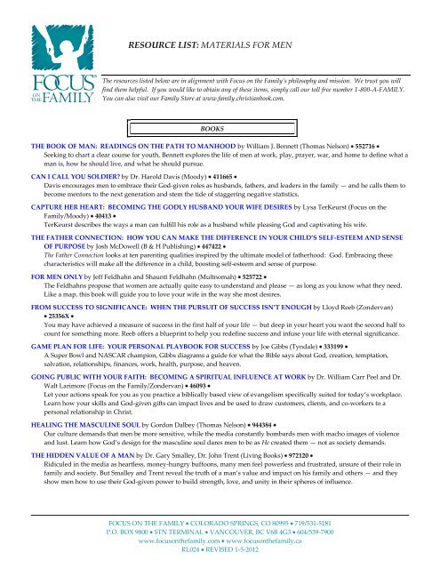 RESOURCE LIST: MATERIALS FOR MEN - Focus on the Family