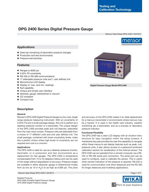 DPG 2400 Series Digital Pressure Gauge - Mensor Corporation