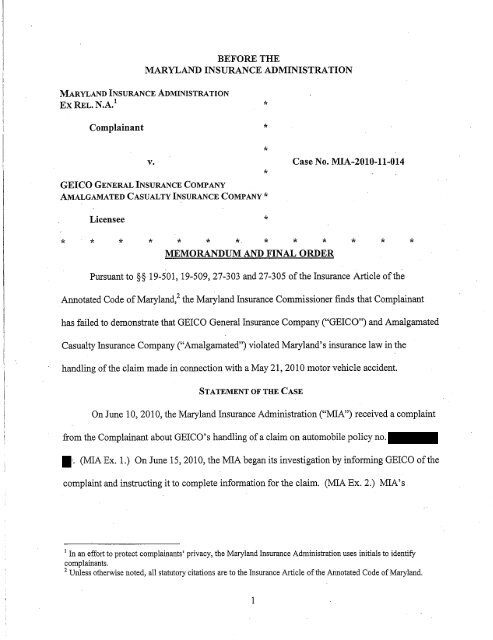 MIA-2010-11-014 - Maryland Insurance Administration