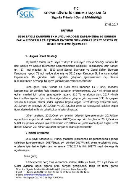 SOSYAL GÜVENLİK KURUMU BAŞKANLIĞI Sigorta Primleri Genel Müdürlüğü SOSYAL GÜVENLİK KURUMU BAŞKANLIĞI Sigorta Primleri Genel Müdürlüğü