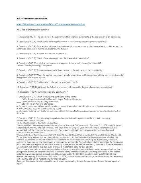 ACC 555 Midterm Exam Solution