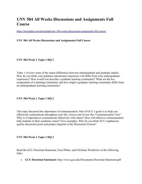 UNV 504 All Weeks Discussions and Assignments Full Course