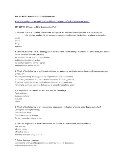 STR 581 Wk 2 Capstone Final Examination Part 1 STR 581 Wk 2 Capstone Final Examination Part 1