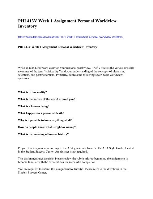PHI 413V Week 1 Assignment Personal Worldview Inventory