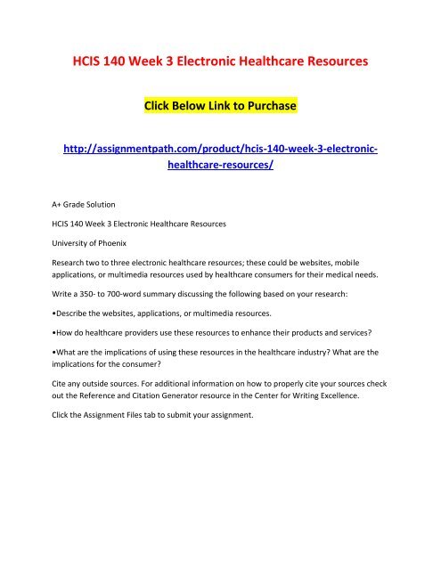 HCIS 140 Week 3 Electronic Healthcare Resources