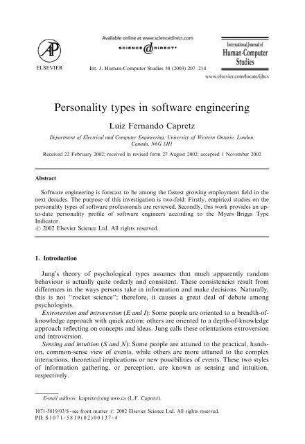 Personality types in software engineering - Western Engineering ...