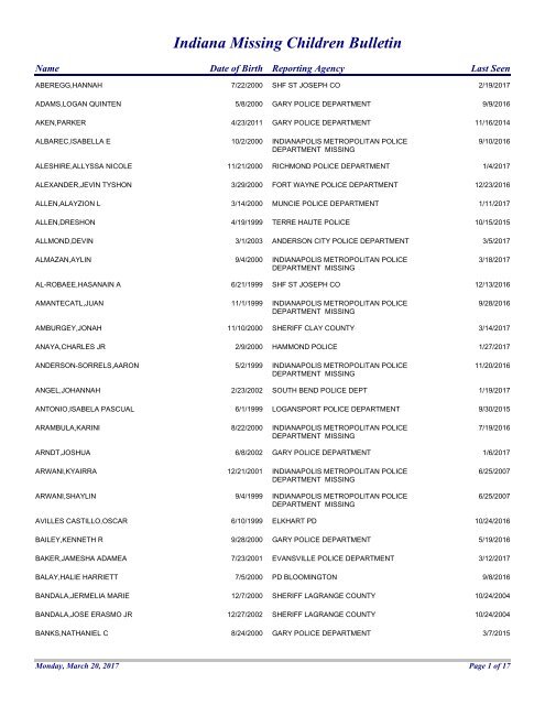 Indiana Missing Children Bulletin
