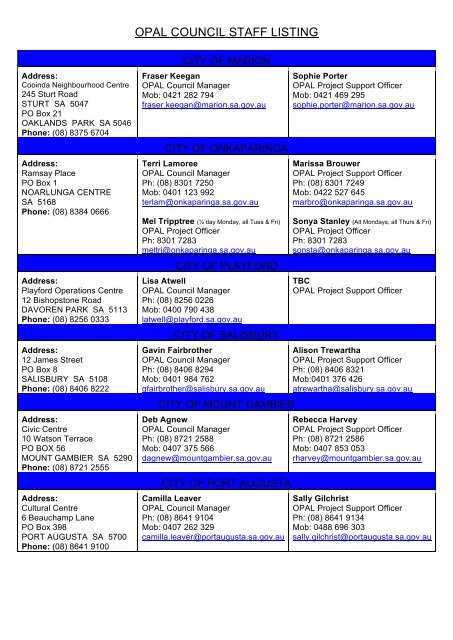 OPAL COUNCIL STAFF LISTING