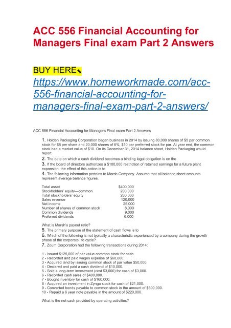 ACC 556 Financial Accounting for Managers Final exam Part 2 Answers