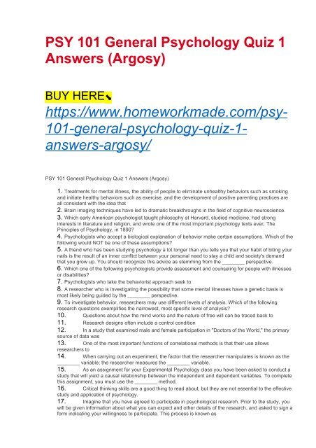 PSY 101 General Psychology Quiz 1 Answers (Argosy)