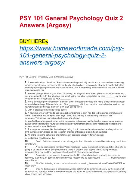PSY 101 General Psychology Quiz 2 Answers (Argosy)