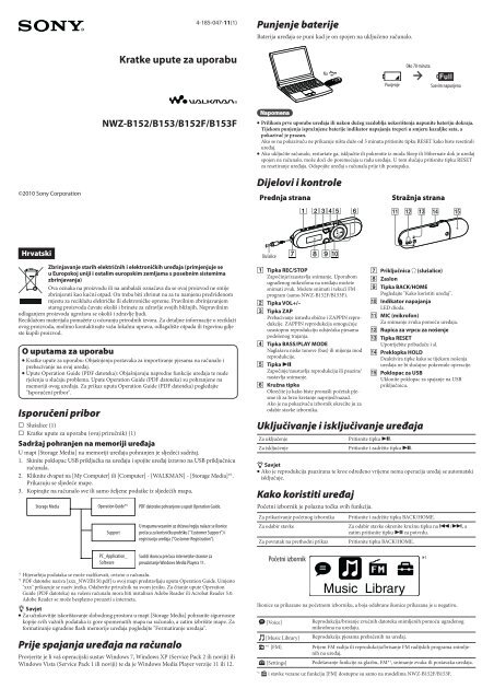 Sony NWZ-B152F - NWZ-B152F Mode d'emploi Croate