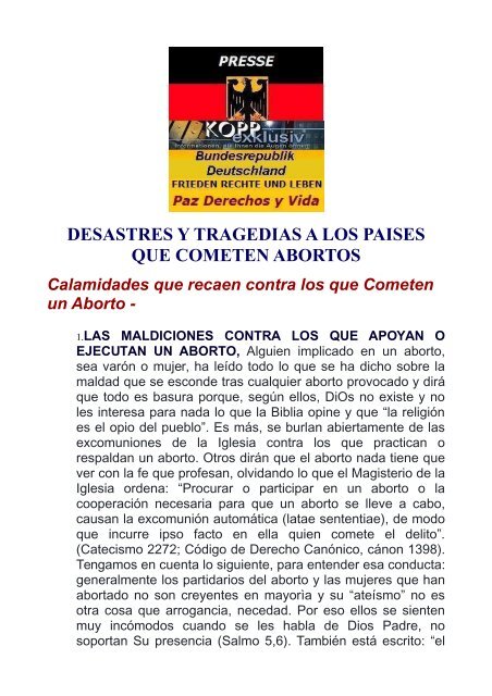 DESASTRES Y CALAMIDADES A LOS PAISES QUE COMETEN ABORTOS