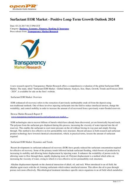 Surfactant EOR Market - Positive Long-Term Growth Outlook 2024