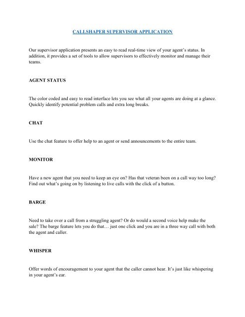 CALLSHAPER SUPERVISOR APPLICATION