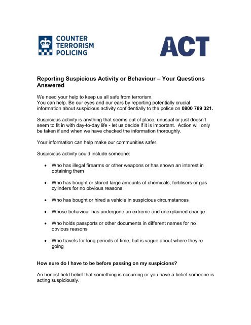 Reporting Suspicious Activity or Behaviour – Your Questions Answered