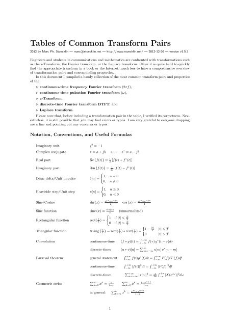 Tables of Common Transform Pairs