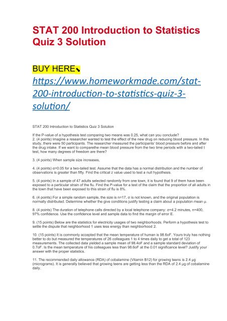 Stat 200 Introduction To Statistics Quiz 3 Solution