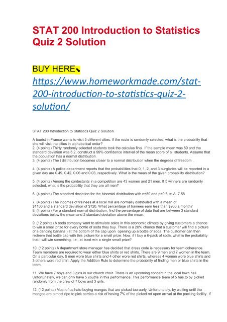 Stat 200 Introduction To Statistics Quiz 2 Solution
