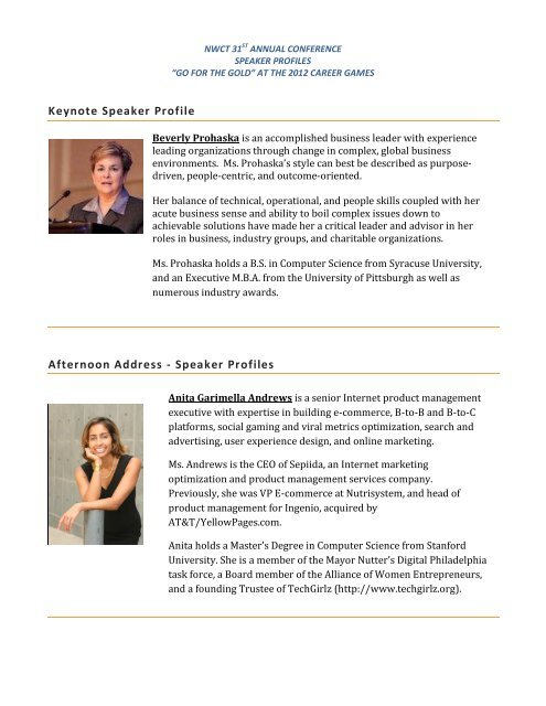 Keynote Speaker Profile Afternoon Address - Speaker Profiles