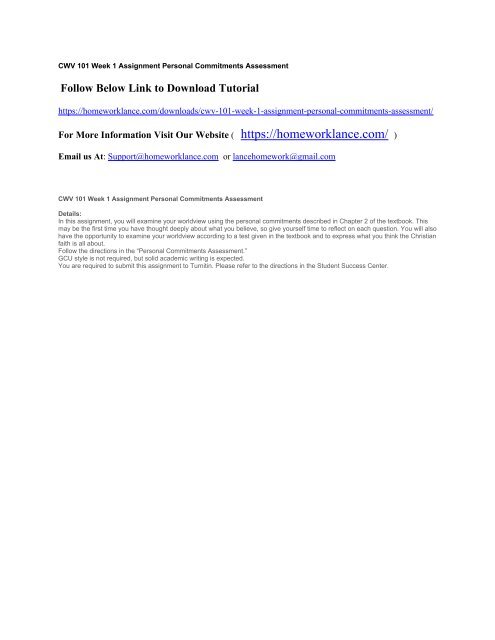 CWV 101 Week 1 Assignment Personal Commitments Assessment