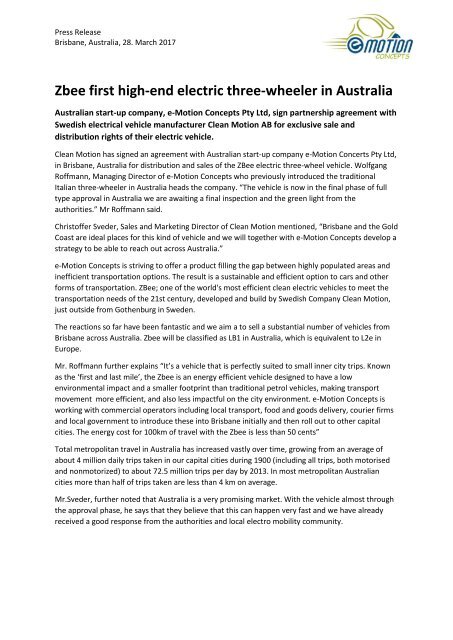 Zbee first high-end electric three-wheeler in Australia