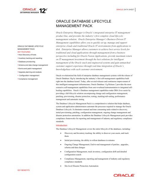 ORACLE DATABASE LIFECYCLE MANAGEMENT PACK ORACLE DATABASE LIFECYCLE MANAGEMENT PACK