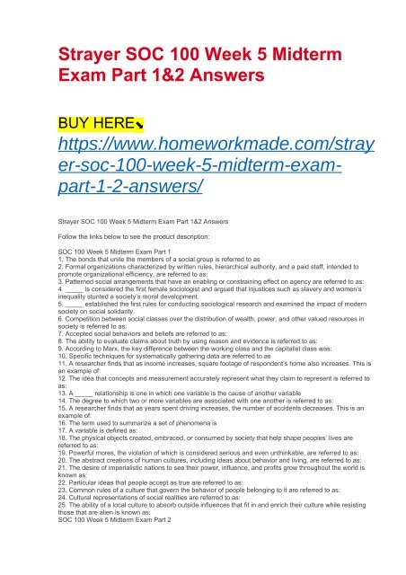 Strayer SOC 100 Week 5 Midterm Exam Part 1&2 Answers