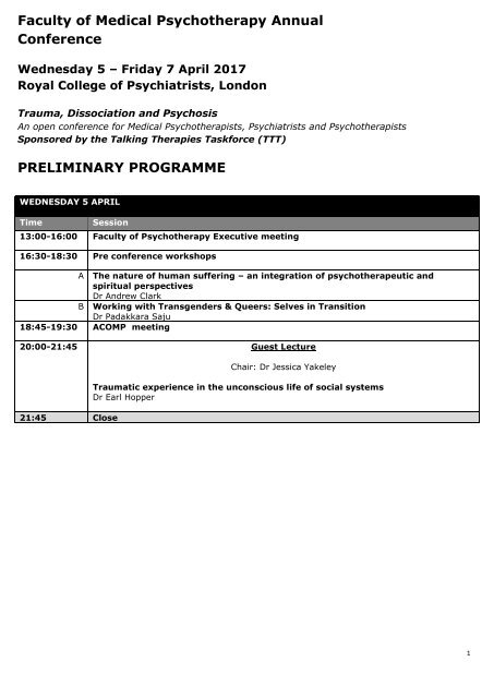 Faculty of Medical Psychotherapy Annual Conference PRELIMINARY PROGRAMME