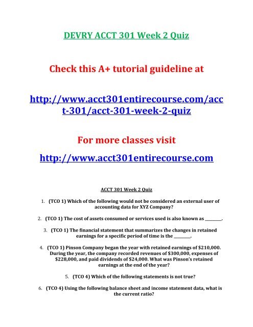 DEVRY ACCT 301 Week 2 Quiz DEVRY ACCT 301 Week 2 Quiz