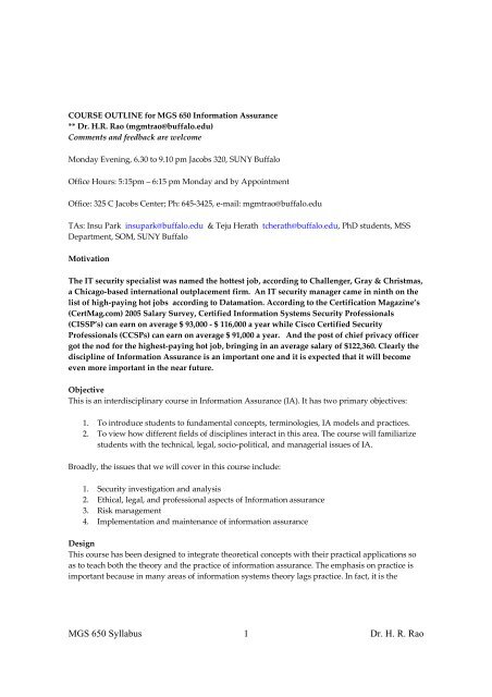 MGS 650 Syllabus 1 Dr. H. R. Rao - University at Buffalo School of ...