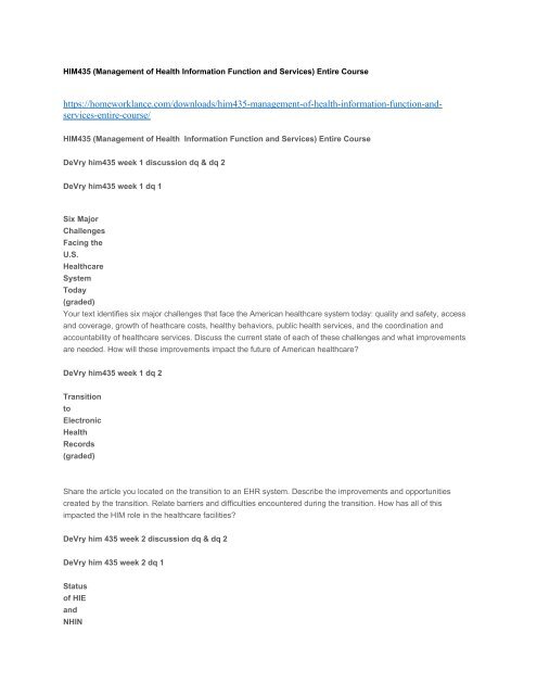 HIM435 (Management of Health Information Function and Services) Entire ...