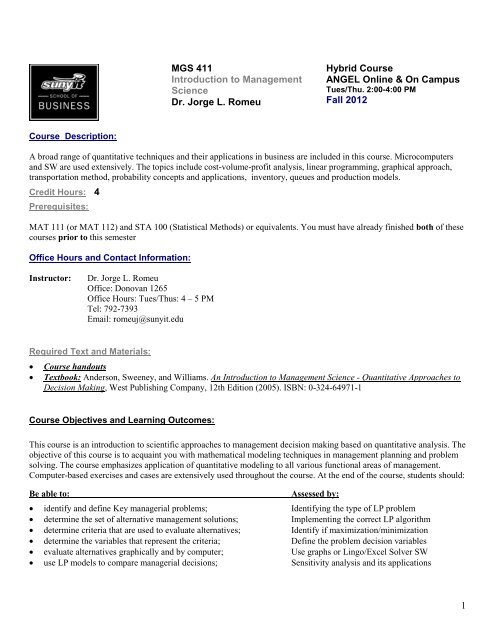 1 MGS 411 Introduction to Management Science Dr. Jorge L ...