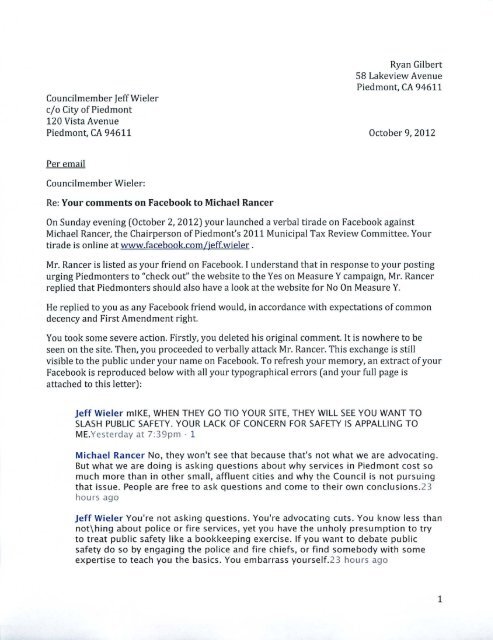 Letter to Council Member Wieler - Piedmont Civic Association