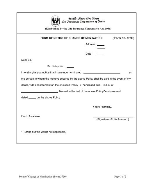 notice of change of nomination (form no. 3750)