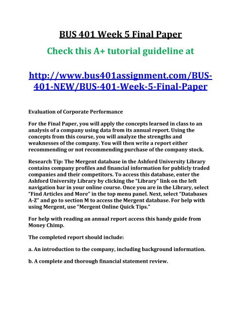 BUS 401 Week 5 Final Paper