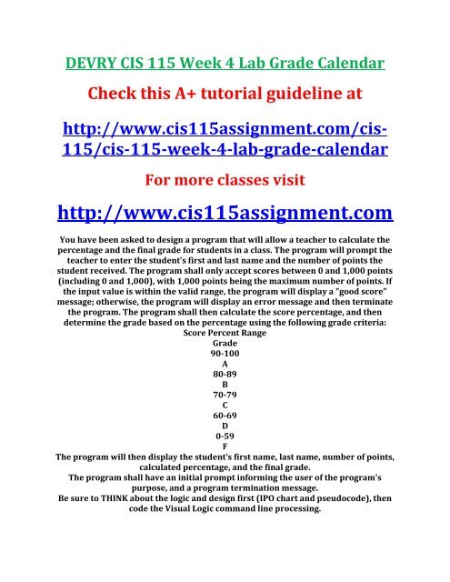 DEVRY CIS 115 Week 4 Lab Grade Calendar
