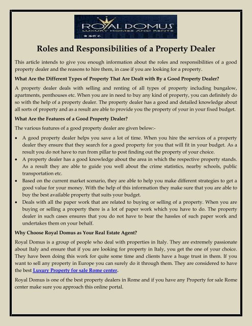 Roles and Responsibilities of a Property Dealer