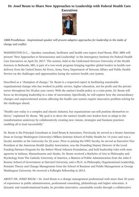 Dr. Josef Reum to Share New Approaches to Leadership with Federal ...