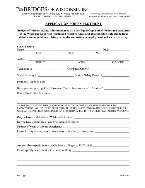 Application for Employment Bridges of Wisconsin