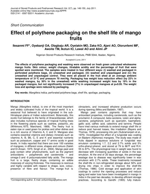 Effect of polythene packaging on the shelf life of mango fruits
