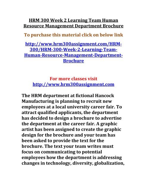 UOP HRM 300 Week 2 Learning Team Human Resource Management Department ...