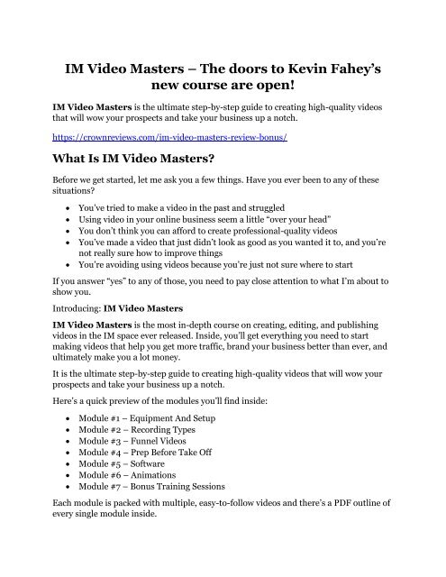 IM Video Masters review in detail