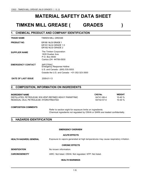 material safety data sheet timken mill grease