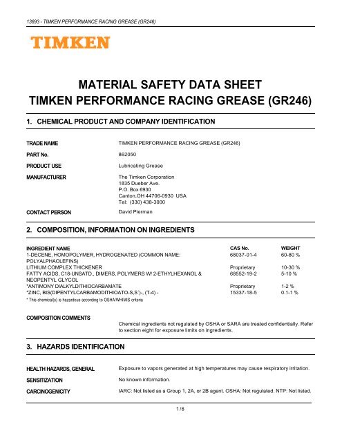 material safety data sheet timken performance racing grease (gr246)