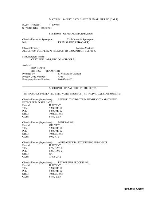MATERIAL SAFETY DATA SHEET PREMALUBE RED ... - Timken