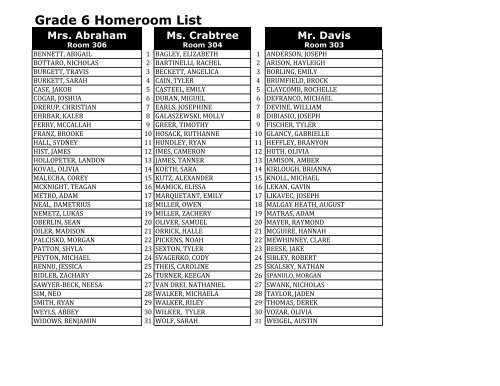 Grade 6 Homeroom List