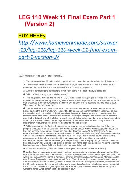 LEG 110 Week 11 Final Exam Part 1 (Version 2)