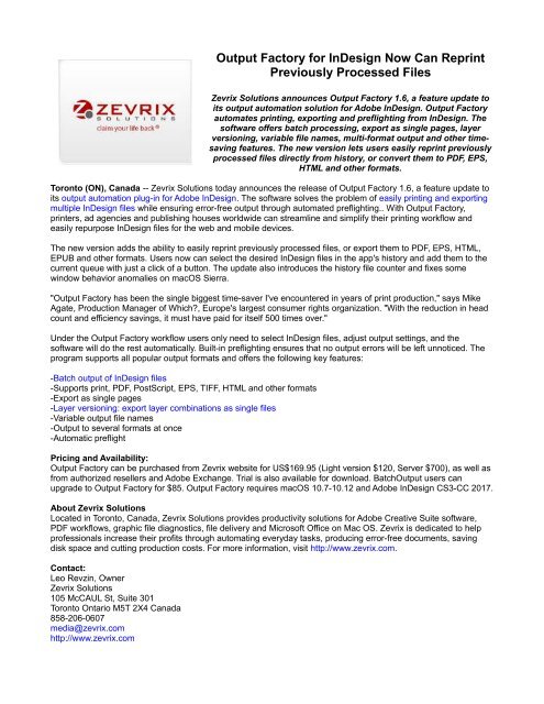 Output Factory for InDesign Now Can Reprint Previously Processed Files