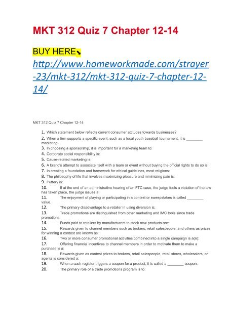 Mkt 312 Quiz 7 Chapter 12 14 
